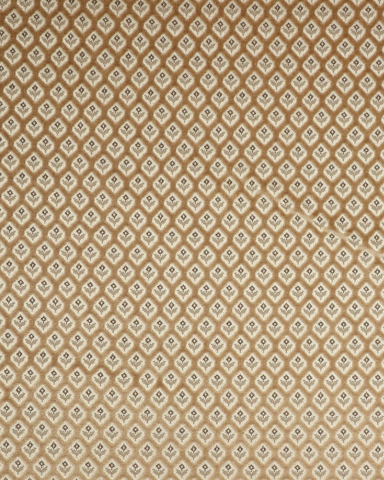 Lille brun blomst i rombe med beige velourkant - Møbelstof | Stofmøllen