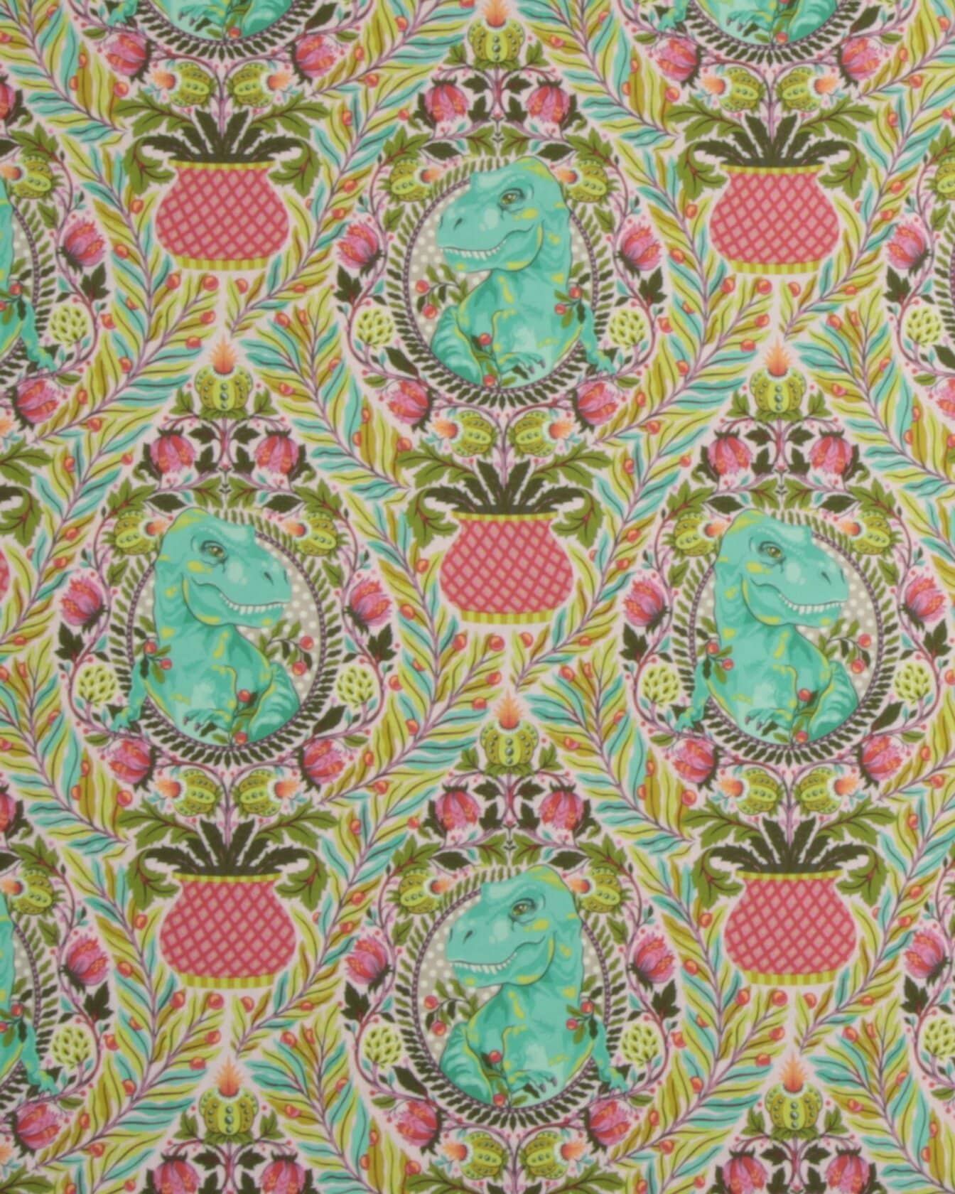 Roar! Tree Rex, rosa/mørk mint - Tula Pink - Stofmøllen